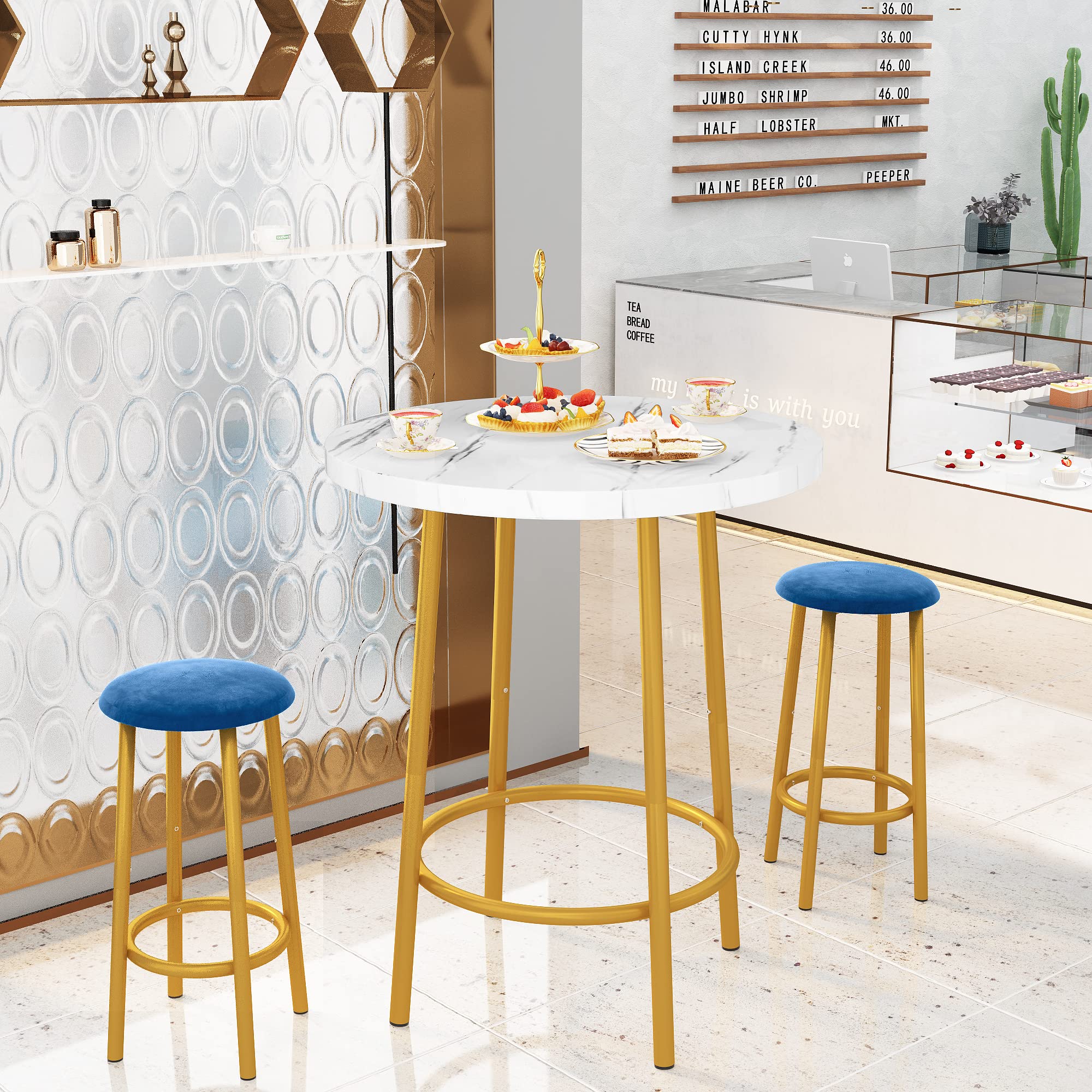 AWQM 3 Piece Bar Table Set, Round Pub Dining Set with Golden Metal Frame, Velvet Bar Stools, Ideal for Breakfast Nook, Kitchen, Small Spaces