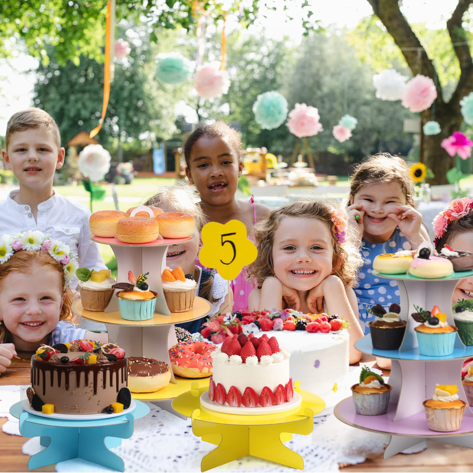 6 Pieces Colorful Cupcake Stand Set 3 Tier Cardboard Dessert Tower 1Tier Cupcake Display Stand Serving Cupcake Holder for Birthday Baby Shower All Themed Party Events Cake Display, Pink, Blue, Yellow