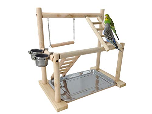 MINORPET Pet Bird Playpen, Wood Parrot Playstand Bird Playground Perch Gym Ladder with Toys Exercise Play, 2 Feeder Cups, Easy Assemble