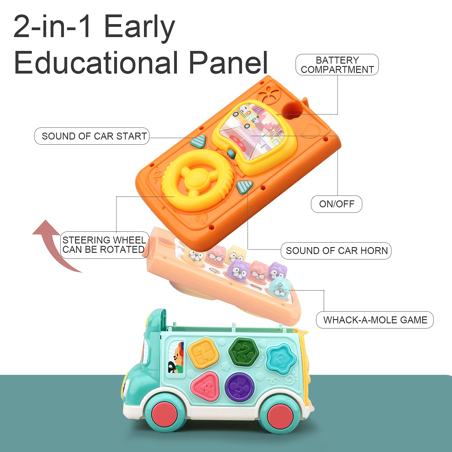 Cute Stone Push Pull Bus Toy, Baby Musical Learning Toys with Sound & Light, Whack-a-Mole Game, Shape Matching, Gear, Toy Clock, Activity Bus Toy Early Education Gift for Toddler Boys Girls