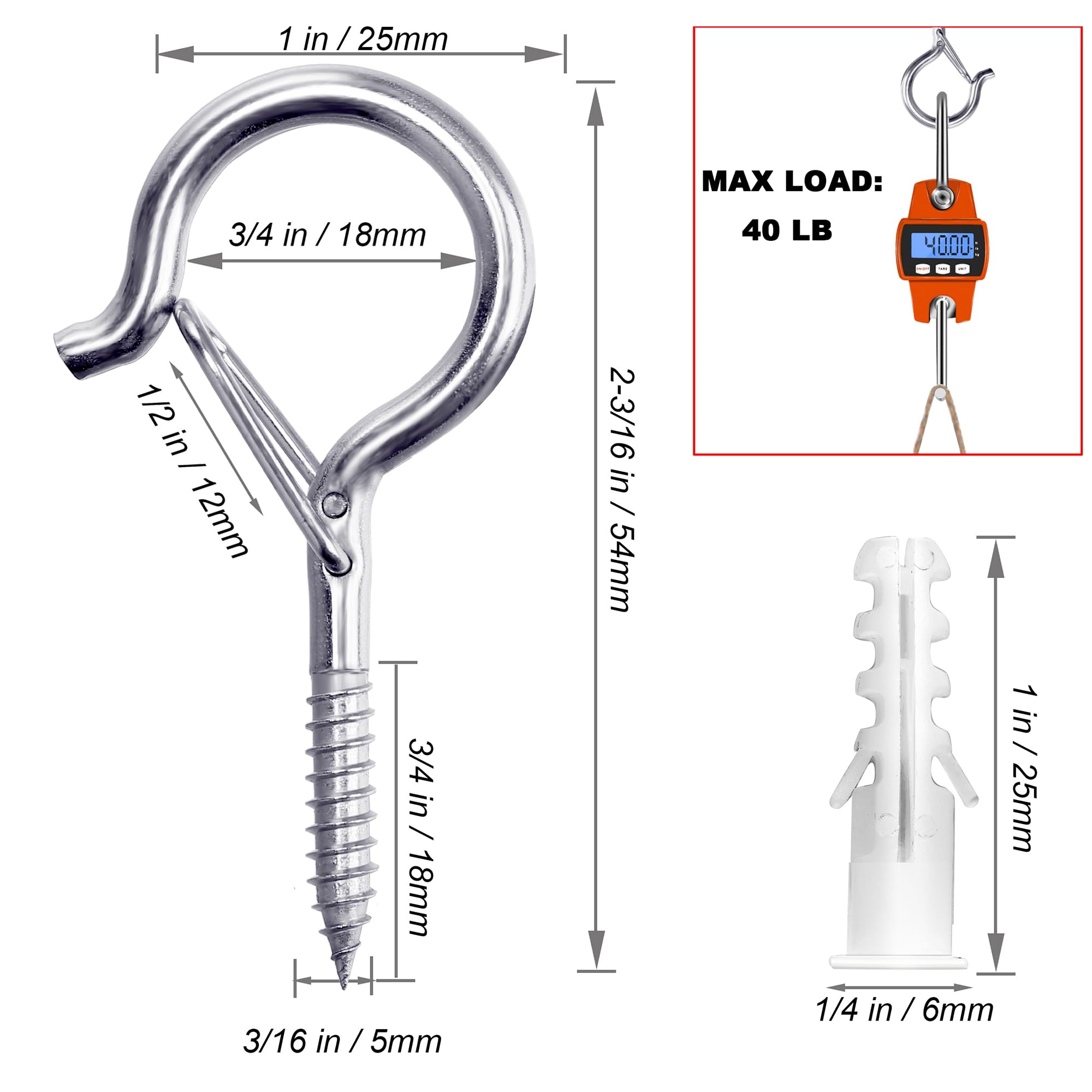 PlusRoc 20 Pack Stainless Steel Hooks for Hanging Christmas Xmas String Lights Outdoor Plants, 2.2 Inch Silver Cup Hooks Screw in Ceiling Hooks Eye Hook Q-Hanger, Wall Mount Ceiling Mount