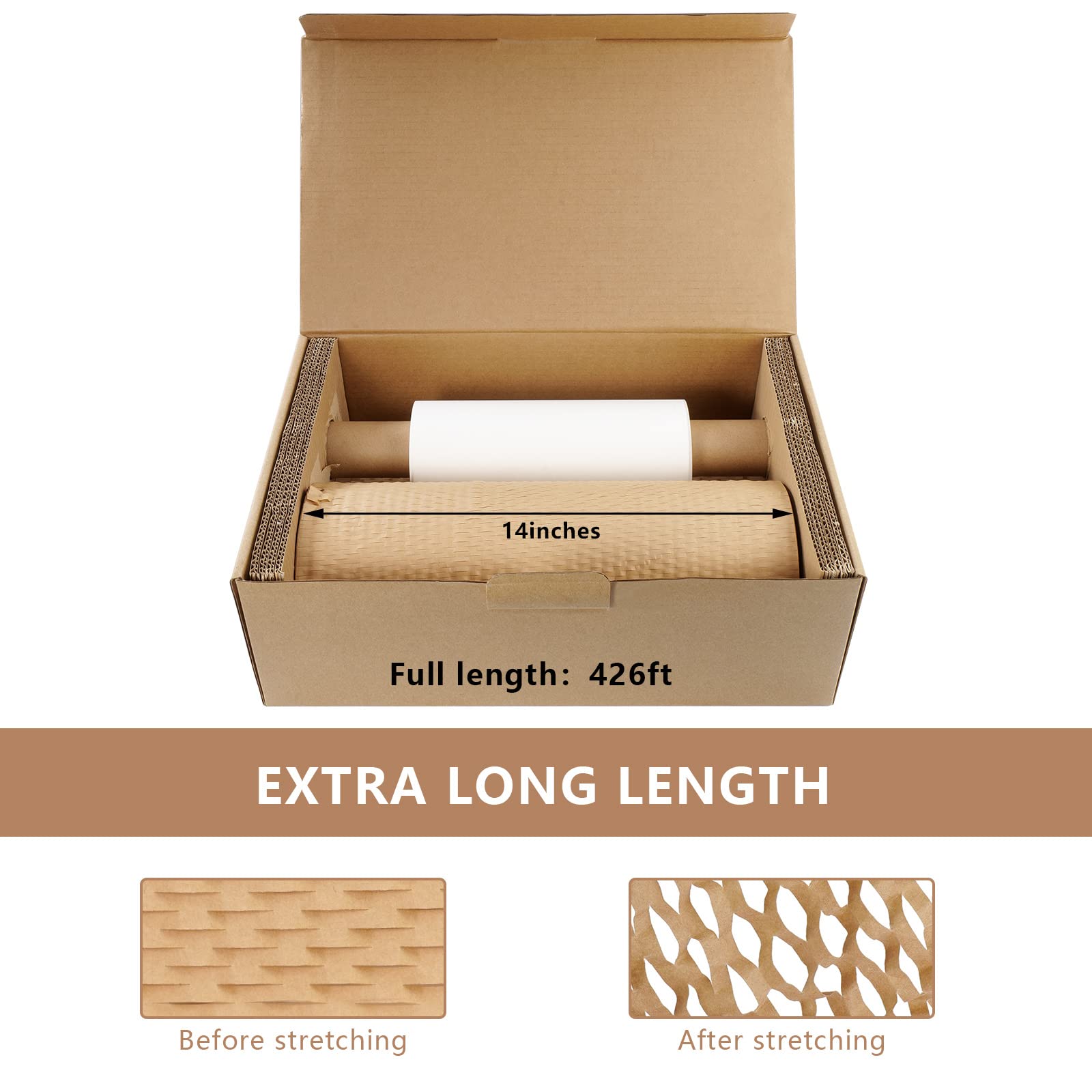 426’ x 14" Honeycomb Packing Paper, BOEASTER Packing Paper Substitute Bubble Cushioning Wrap for Moving Recyclable Moving Supplies Protective Roll in Self-Dispensed Box for Shipping Packaging Gift