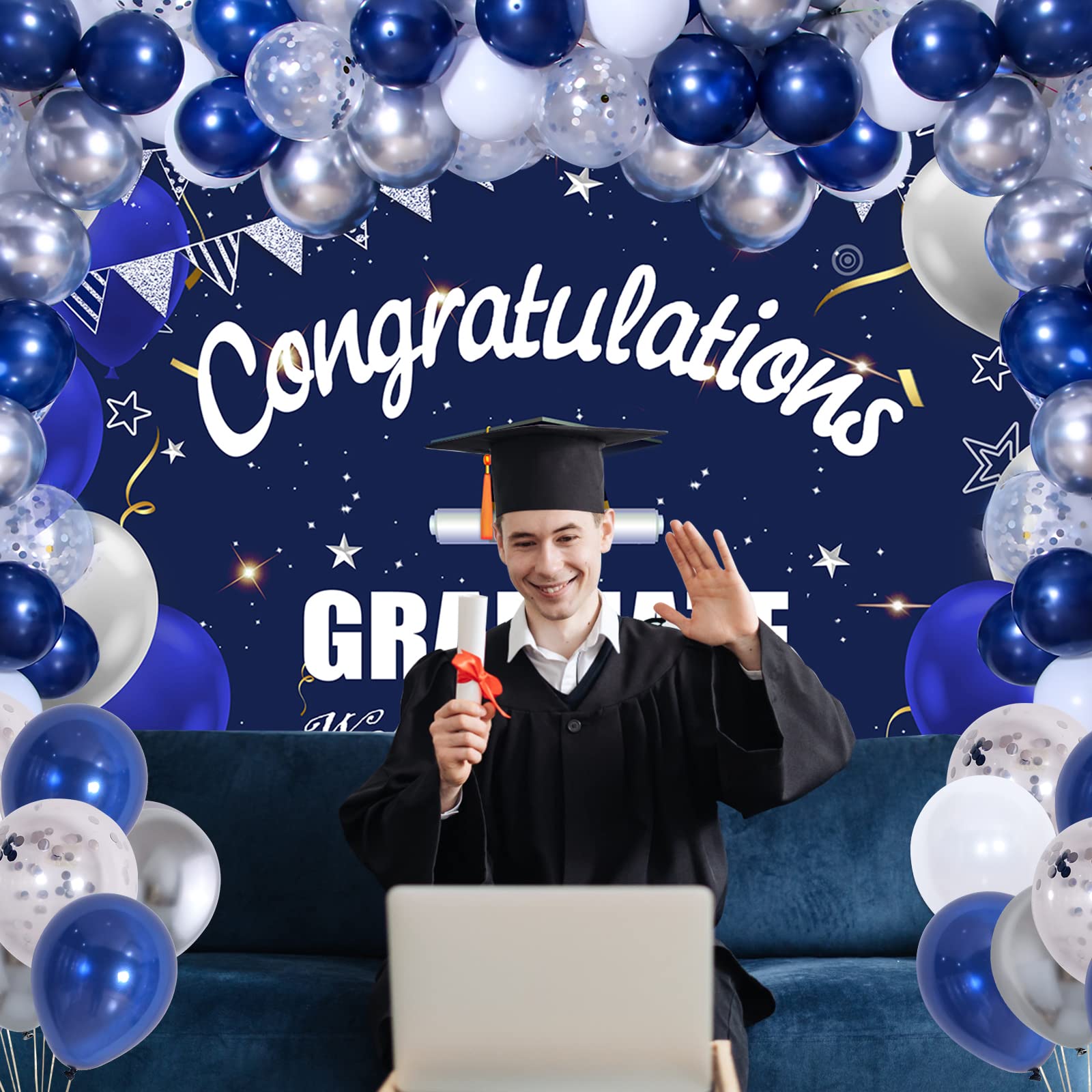 Graduation Decorations Class of 2024, Navy Blue Graduation Decorations, Graduation Party Decorations 2024 with Congratulations GRADUATE Backdrop Banner Balloons Tablecloths for Nurse College Preschool