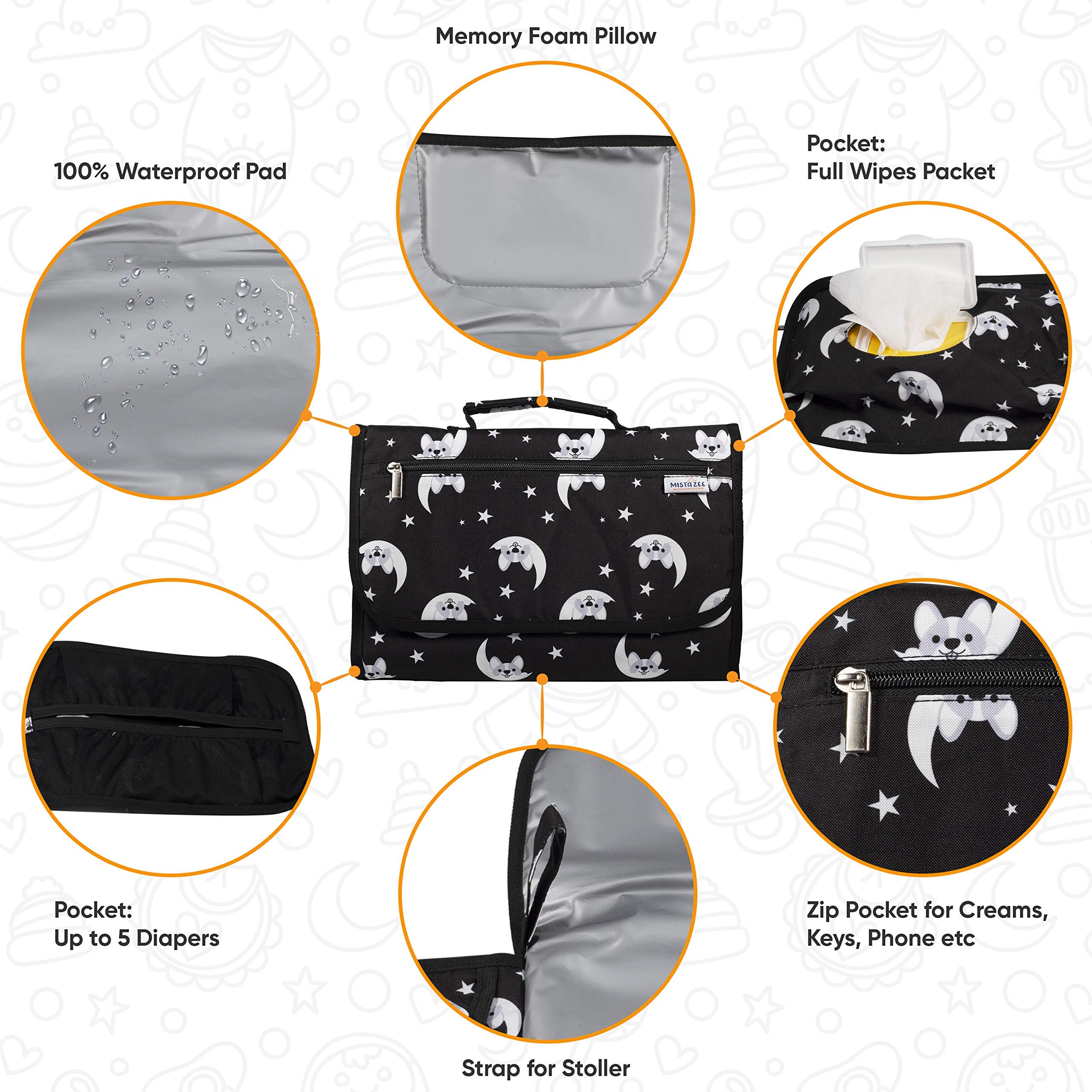 Mista Zee Baby Changing Pad with Diaper & Wipe Pockets - Car Diaper Changing Pad - Waterproof Easy to Clean & Foldable - Unisex Portable Changing Pad for Infant Girls & Boys