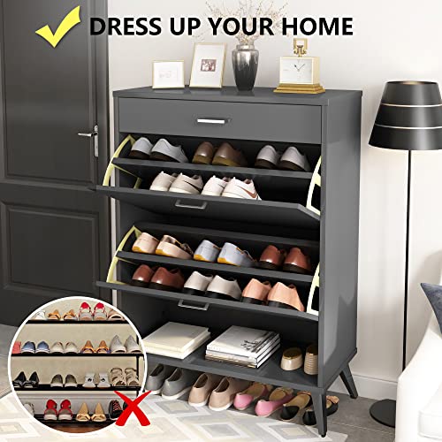 AWQM Shoe Cabinet for Entryway, Modern Free Standing Shoe Storage Cabinets, Wooden Slim Shoe Organizer Cabinet for Entryway, Hallway - Grey (Men's 8.5)