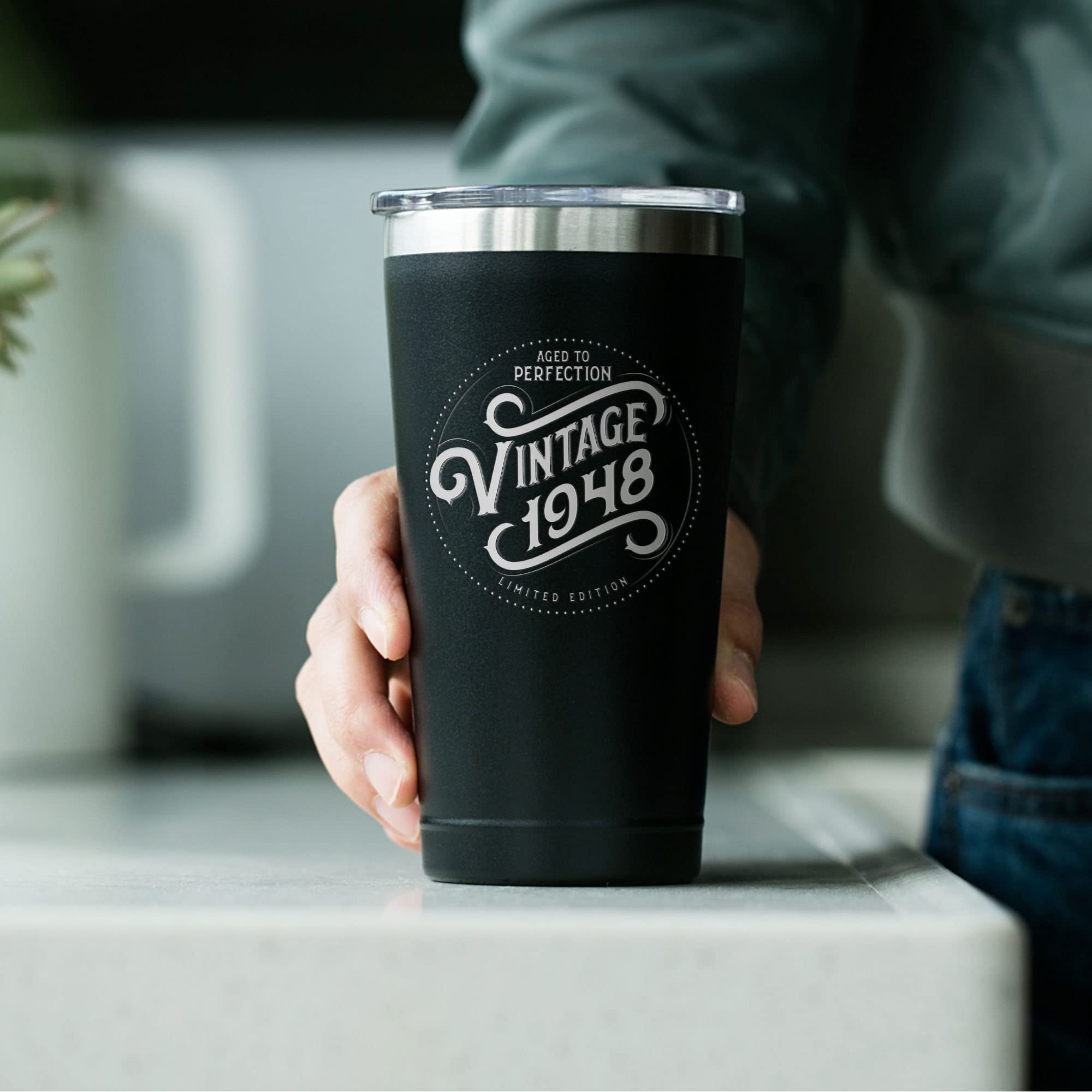 75th Birthday Gifts for Men - 1948 Vintage 16 oz Stainless Steel Black Coffee Tumbler