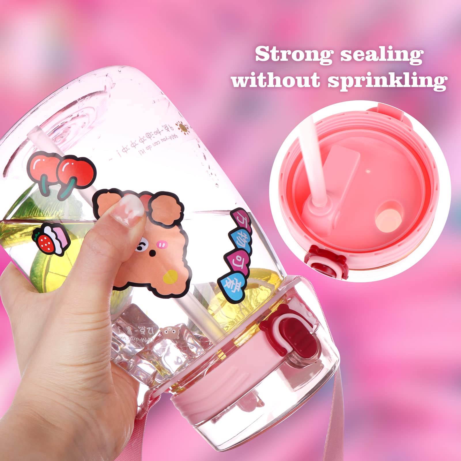 44 Oz Cute Water Bottles with Straws,Creative Kawaii High Capacity Cups,Leakproof Pot Belly Bottles with Adjustable Shoulder Strap,Anti-Fall Portable Juice Kettle Drinking Bottle Transparent Water Jug