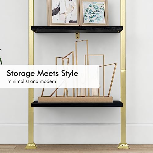 Axeman 5-Tier Ladder Bookcase, Tall Narrow Bookshelf for Small Spaces, Modern Book Storage Organizer Case Open Shelves for Bedroom, Living Room, Office, Library, Gold Metal Frame and Black Shelf