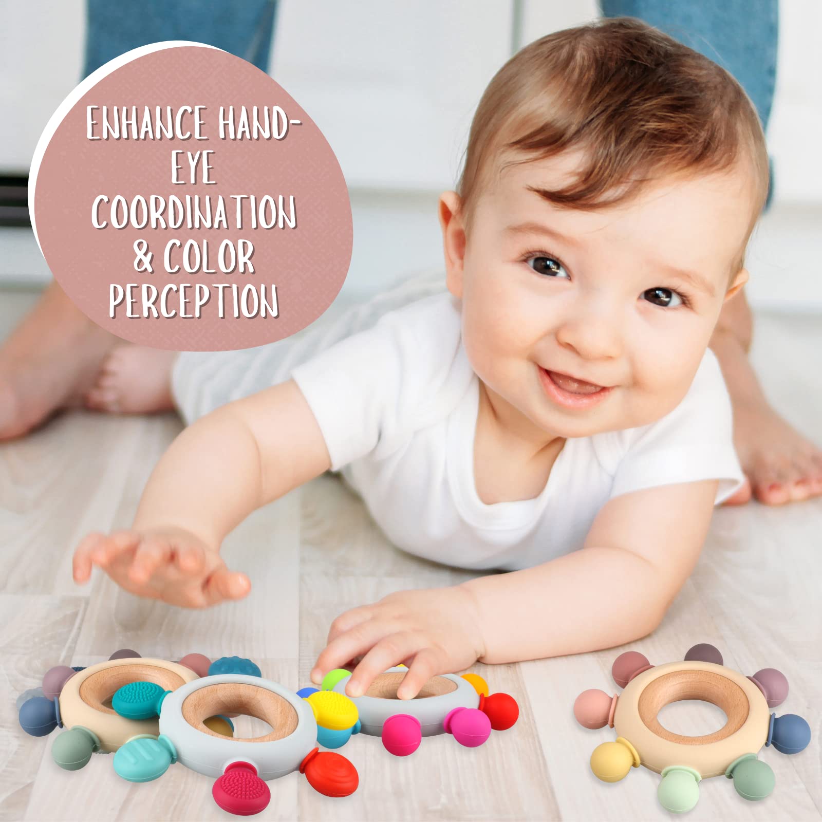 Baby Teething Toys, Silicone Chewable Teethers with Wooden Ring for Soothing Babies Gums, Rudder Chewers Shower Gift for lnfants & Toddlers, 3+ Months (6 Directions, Gray)