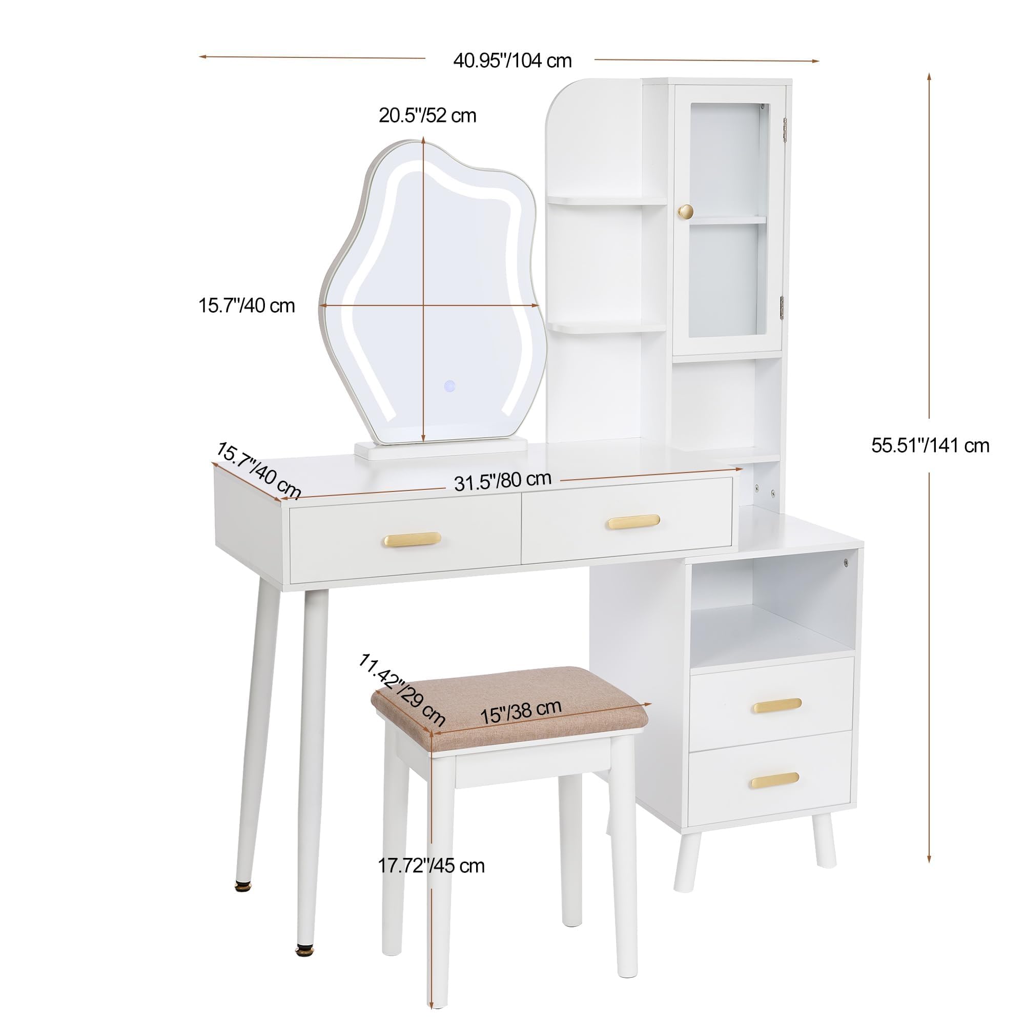 ANWBROAD White Vanity with Lighted Mirror Vanity Desk with Mirror and Lights Girls Vanity with Power Outlet Stool Drawers Shelves Charging Station 3 LED Lighting Modes Bedroom Makeup Table UBDT55W