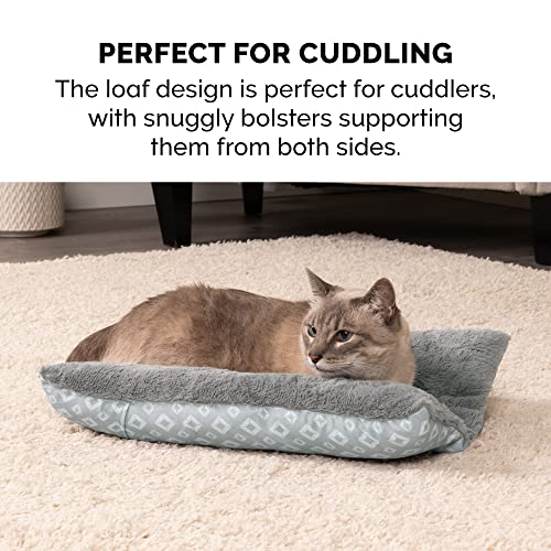 Furhaven Cat Bed for Indoor Cats, Washable w/ Removable Bolsters, For Pets Up to 9 lbs - Plush & Diamond Print Cuddle Loaf Mat - Gray, Small
