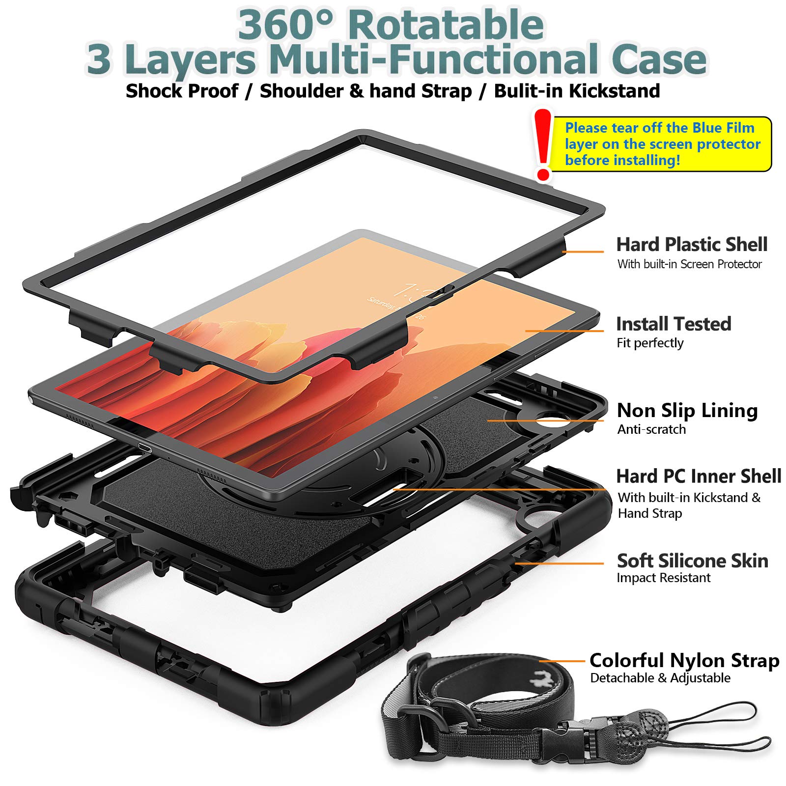SEYMAC stock Case for Samsung Galaxy Tab A7 10.4 2022/2020 (T503/T509/T500/T505/T507) with Screen Protector, 360 Rotating Stand & Hand Strap, Drop-Proof Case, Black