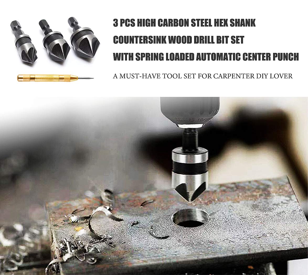 Tomato Palace Countersink Drill Bit Set 3 PCS High Carbon Steel Universal 1/4 inches Hex Shank Countersink Drill Bit Set for Wood + Spring Loaded Automated Center Punch