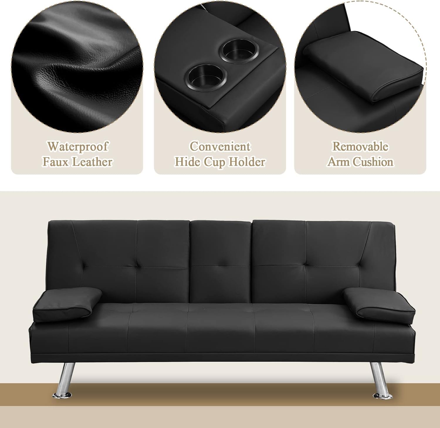 Anwickmak Convertible Futon Sofa Bed,PU Leather Modern Couch Loveseat Sleeper, Folding Daybed Guest Bed, Removable Armrests, 2 Cup Holders, Metal Legs (Black)