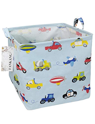 FANKANG Storage Bins Nursery Hamper Canvas Laundry Basket Foldable with Waterproof PE Coating Large Storage Baskets Gift Baskets for Kids, Office, Bedroom, Clothes,Toys (Cars)