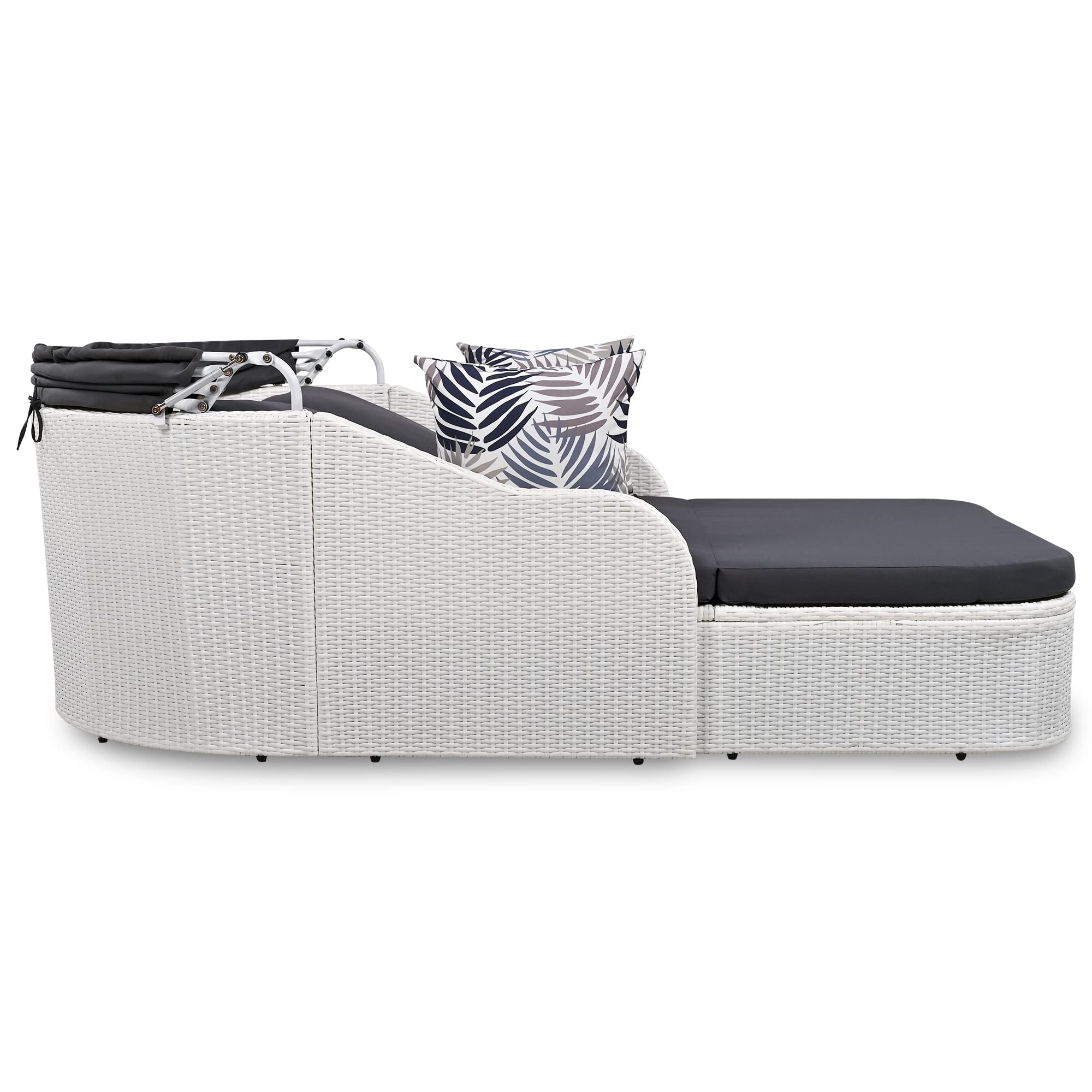 79.9" Outdoor sunbed with Adjustable Canopy, Double Lounge, PE Rattan daybed, Grey Wicker & Cushions (White+Grey+Wicker)