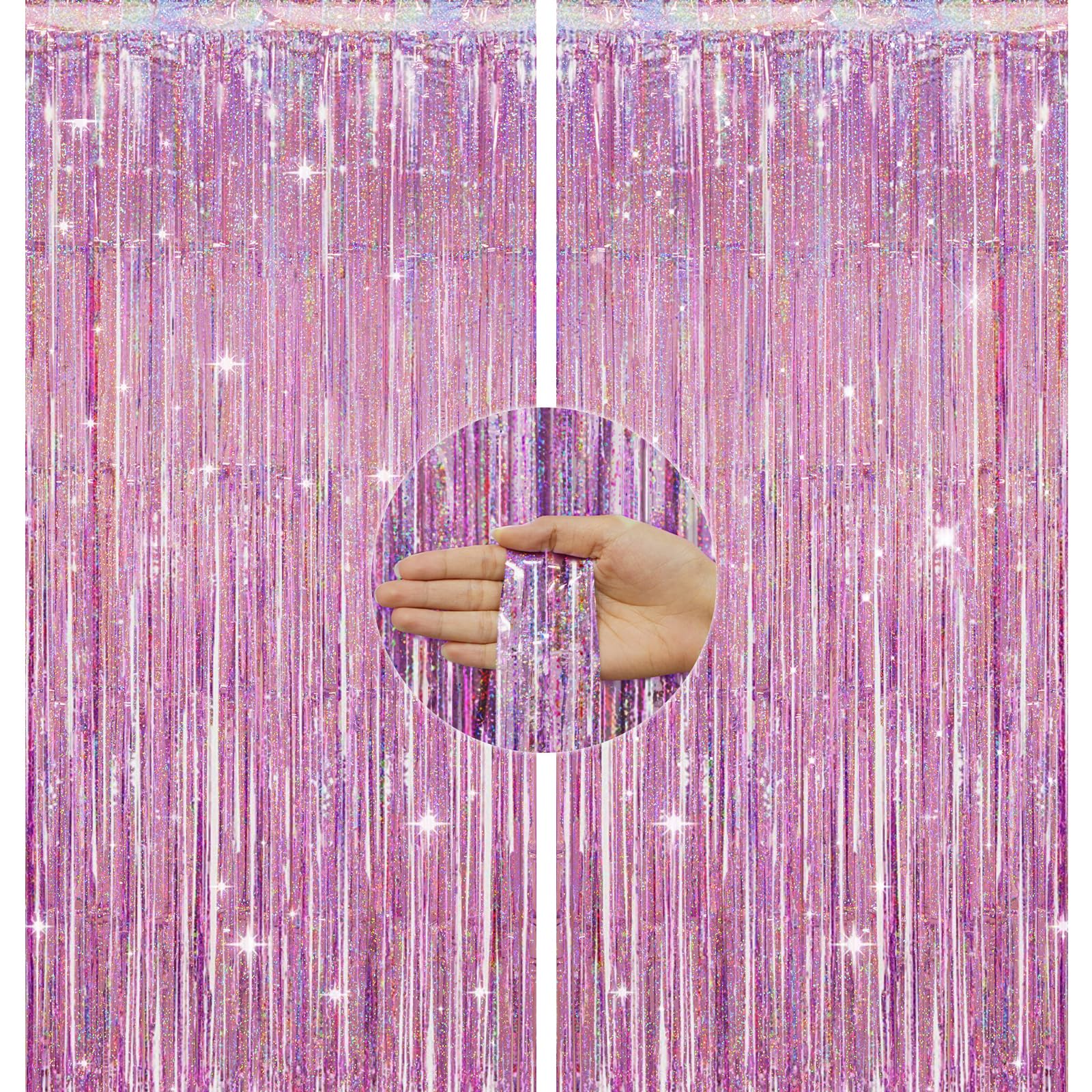 Anwyll Pink Metallic Foil Fringe Backdrop Curtains,2Pack Tinsel Curtain Party Streamers Photo Backdrop for Birthday Decoration,Glitter Pink Backdrop for Wedding Graduation Bachelor Party Decorations