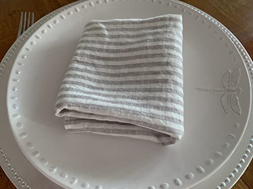 Linen Napkins β 100% French Flax β Stonewashed Pure Linen Cloth Napkins β Mitered Corners β Set of 4 (Gray/White Stripe)