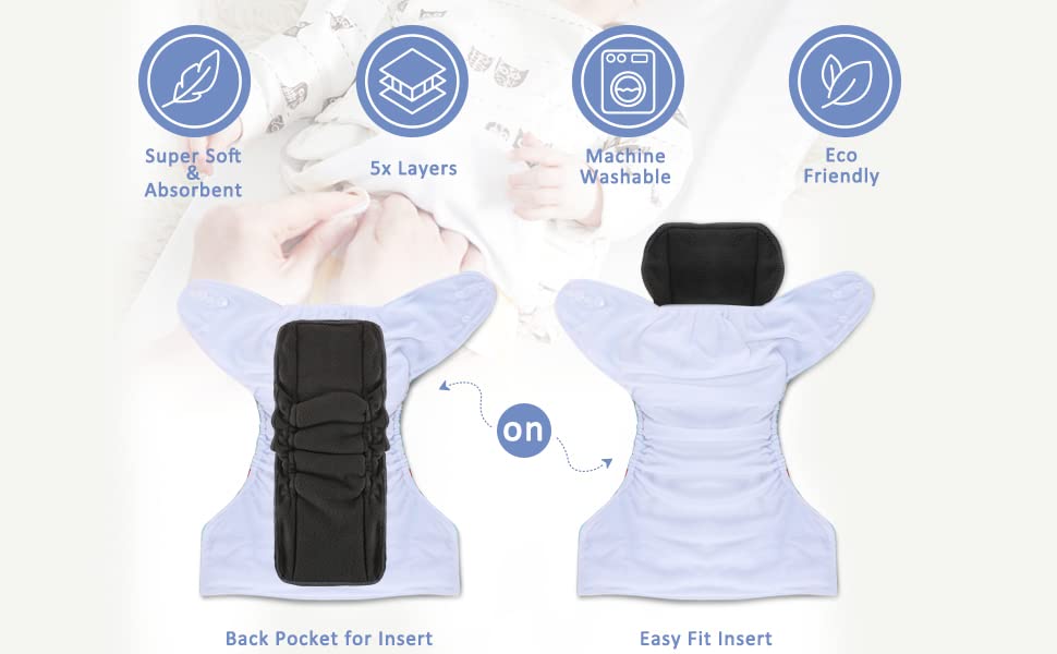 TDIAPERS Cloth Diapers Washable Reusable One Size Adjustable for Baby 6 Pack with 12 Inserts