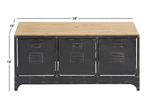 Deco 79 Metal Low Profile File Cabinet 3 Drawers Storage Bench with Brown Wood Top, 39" x 16" x 19", Black