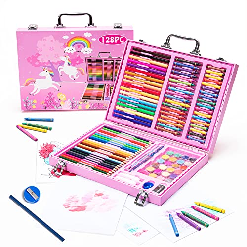 Ayliwee Art Set,Portable Drawing Painting Art Supplies,Gifts for Kids Girls Boys Teens Adults 6-8-9-12 ,Coloring Art Kit Gift Case: Crayons, Oil Pastels,Colored Pencils, Watercolors case,Paper (Pink)