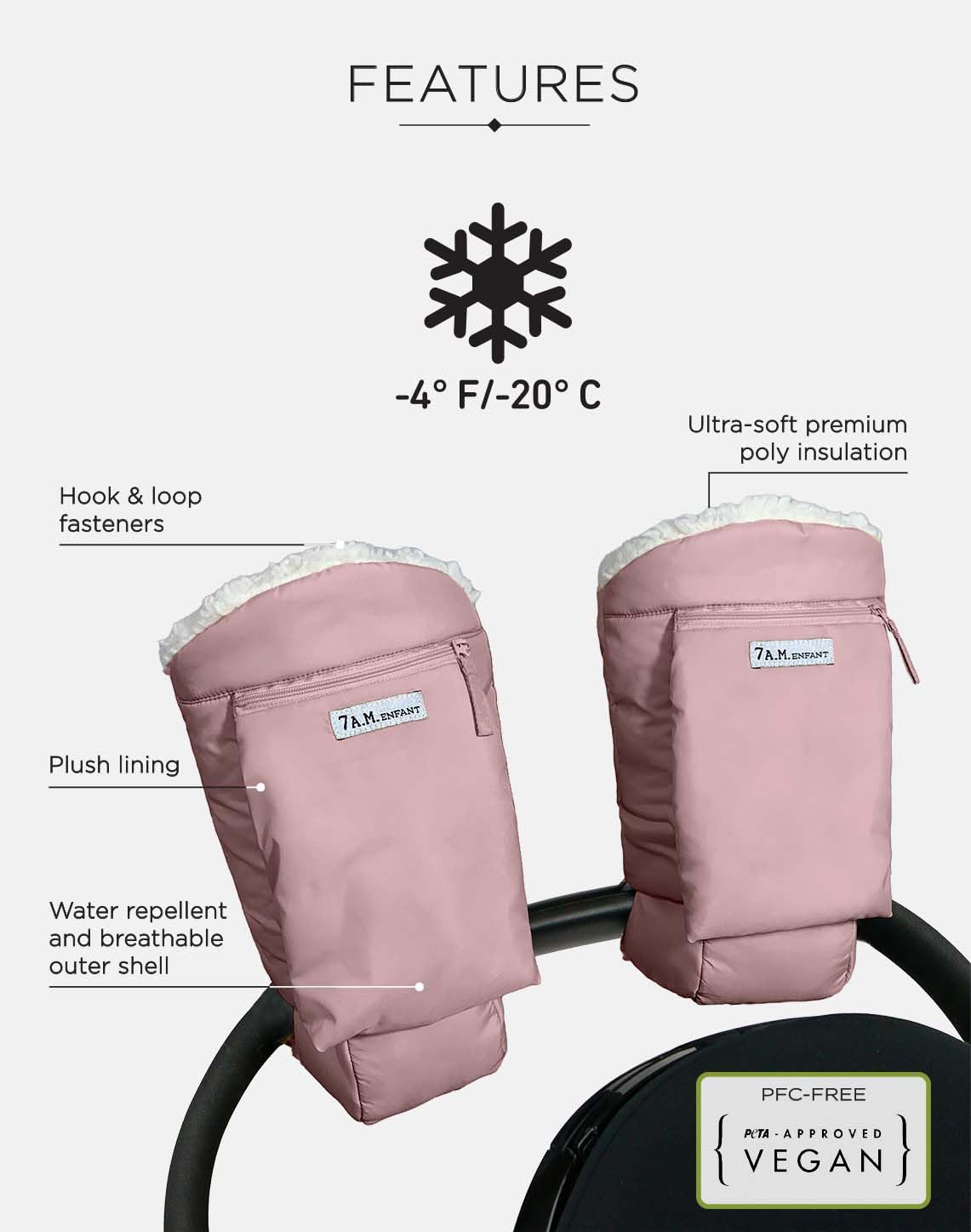 7AM Enfant Stroller Warmmuffs Gloves - Anti-Freeze Stroller Mittens for Handlebars, Water Repellent Hand Warmer Muff for Cold Weather, Plush Lined Stroller Warmmuffs | Winter Stroller Accessories