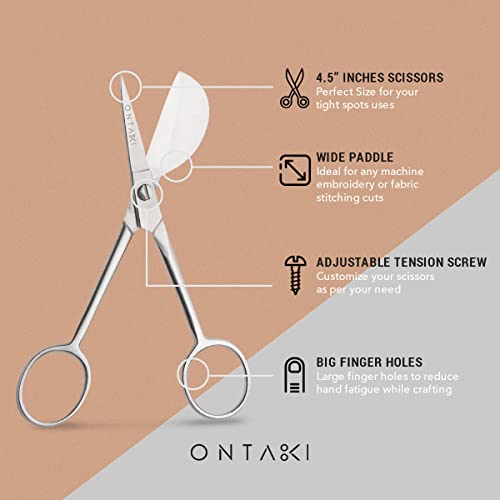 ONTAKI Applique Scissors 4.5" With Duckbill Edge Shaped Paddle For Art, Crafting, Fabric, Thread, Needlework and Embroidery - Versatile Miniature Scissors For Sewing Kit (Silver 4.5β)