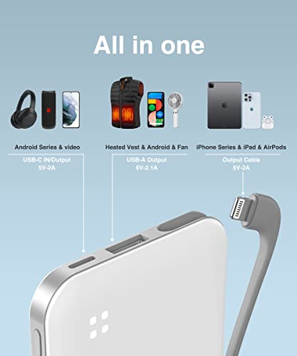 4500mAh Built in Cable Cell Phone External Battery Pack, Portable Phone Charger Power Bank 5V 2.1A Charging Mobile Phone Charger USB-C in/Out Compatible with iPhone 11/12/13, Heated Vest, White