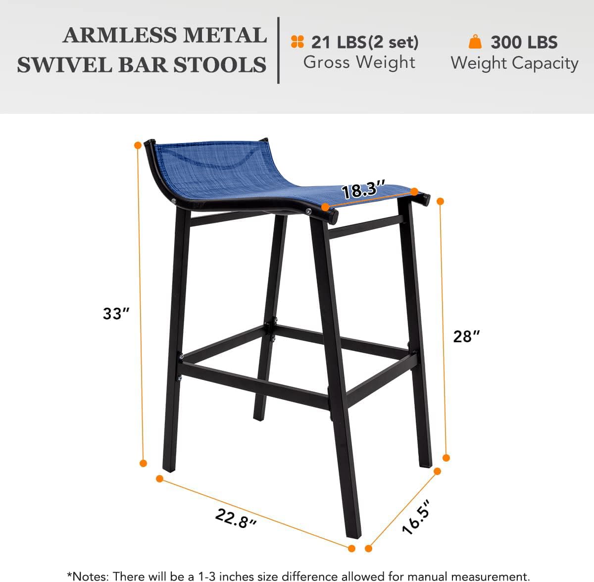 Sundale Outdoor Patio Metal Bar Stools Set of 2, Low Back Counter Height Tall Chairs, High Top Armless Pub Seat Barstools for Outside Porch Yard Deck Balcony, Modern Blue