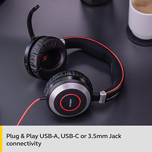 Jabra Evolve 80 UC Wired Stereo Over-Ear Headset β Unified Communications Optimised Headphones with Active Noise Cancellation β USB-C Cable and 3.5 mm Jack Connections β Black