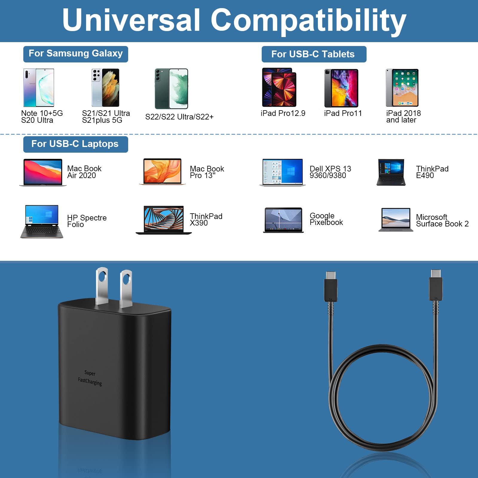 45W Super Fast USB C Wall Charger with 10ft Type C Long Fast Charging Cable for Galaxy S23 Ultra/S23/S22 Ultra/S22 Plus/S22/S21 Ultra/S21+/S20 Ultra/Note 20/Note 10+, Galaxy Tab