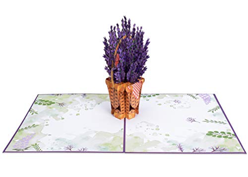 Paper Love 3D Pop Up Card, Lavender Basket, For Mothers Day, Valentines Day, Birthday, All Occasions - 5" x 7" Cover - Includes Envelope and Note Tag