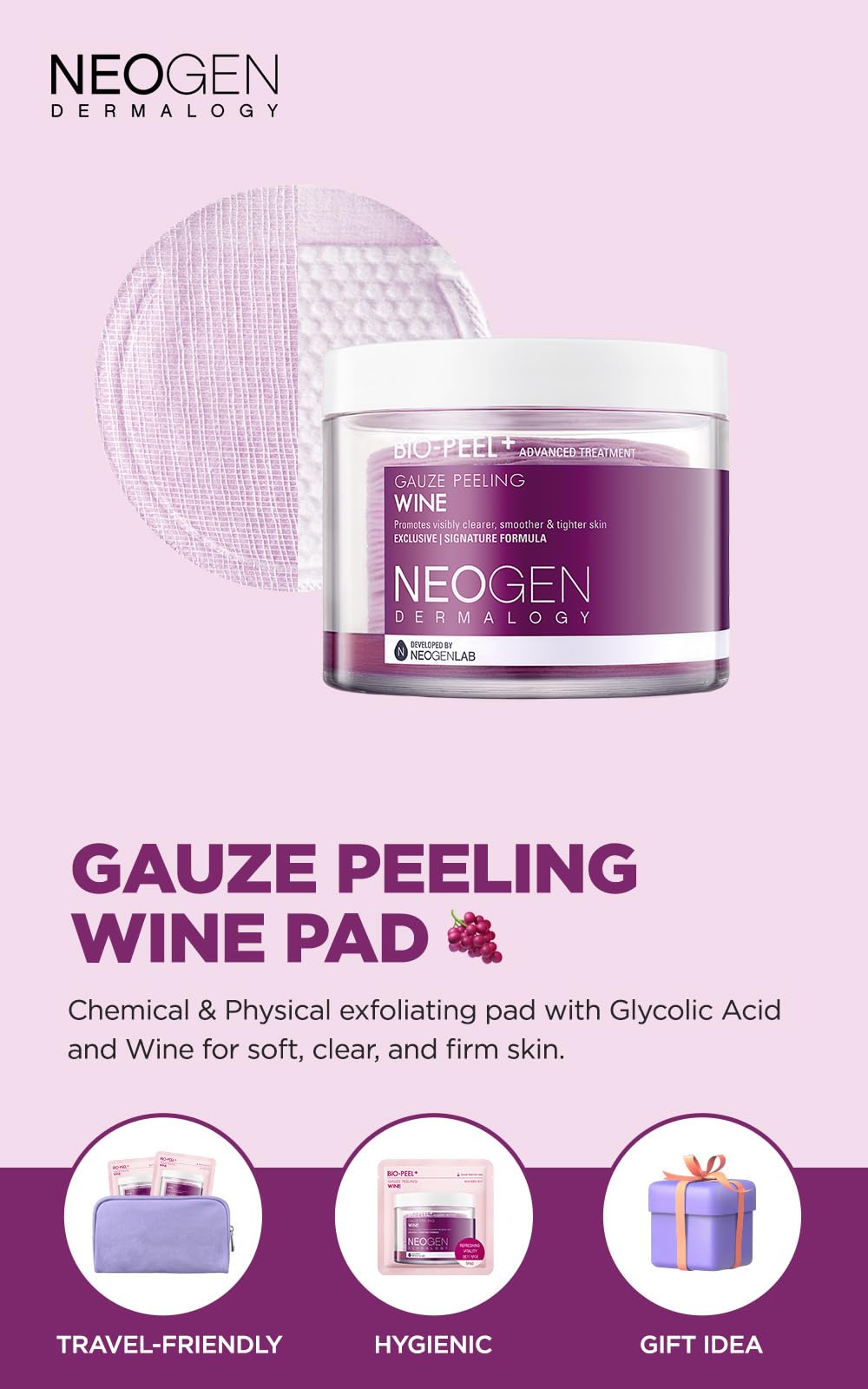 DERMALOGY by NEOGENLAB Bio-Peel Gauze Peeling Pads (Wine, 30 pads) - Exfoliating & Firming Peeling Pad with PHA & Red Wine & Resveratrol & Acid Hyaluronic - Korean Skin Care