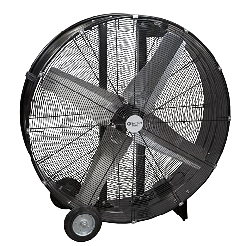 Comfort Zone CZMC42 42” 2-Speed High-Velocity Direct-Drive Industrial Drum Fan with Individually Balanced Aluminum Blades, All-Metal Construction, and Rubber Wheels, Black