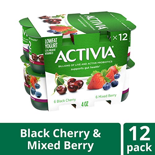 Activia Black Cherry and Mixed Berry Probiotic Yogurt, Delicious Lowfat Yogurt Cups to Help Support Gut Health, 12 Ct, 4 OZ