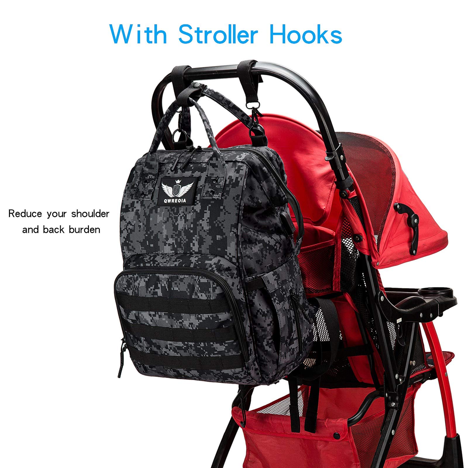 QWREOIA Diaper Bag Backpack with USB Charging Port Stroller Straps and Insulated Pocket,army military Travel Nappy Backpack for Dad/Mom (Black Camo)