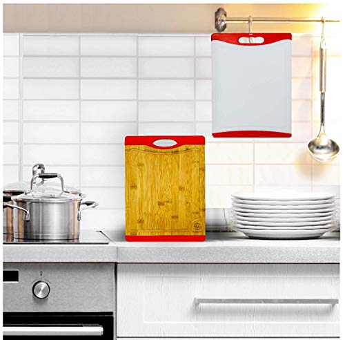 Organic Bamboo and Plastic Cutting Boards for Kitchen (2 Piece Set), Featuring Juice Grooves, Non-Slip, Grip on Granite Counter, Double Sided Chopping Board, BPA Free, by PandPal
