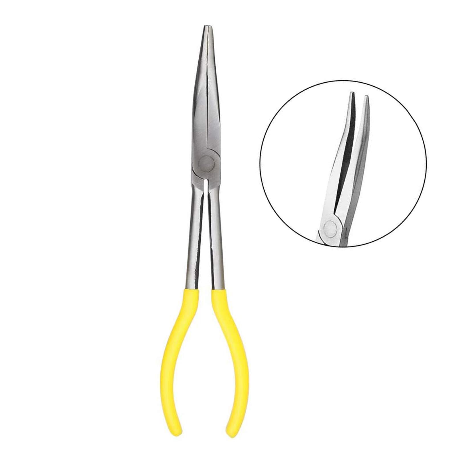 BQKKWIN 11 Inch Long Reach Long Nose Pliers | Designed for Mechanics, Technicians, and Contractors | Work with Delicate or Difficult-to-Reach Pieces | Milled-Jaws | Steel “25 Degree Bent Nose Plier