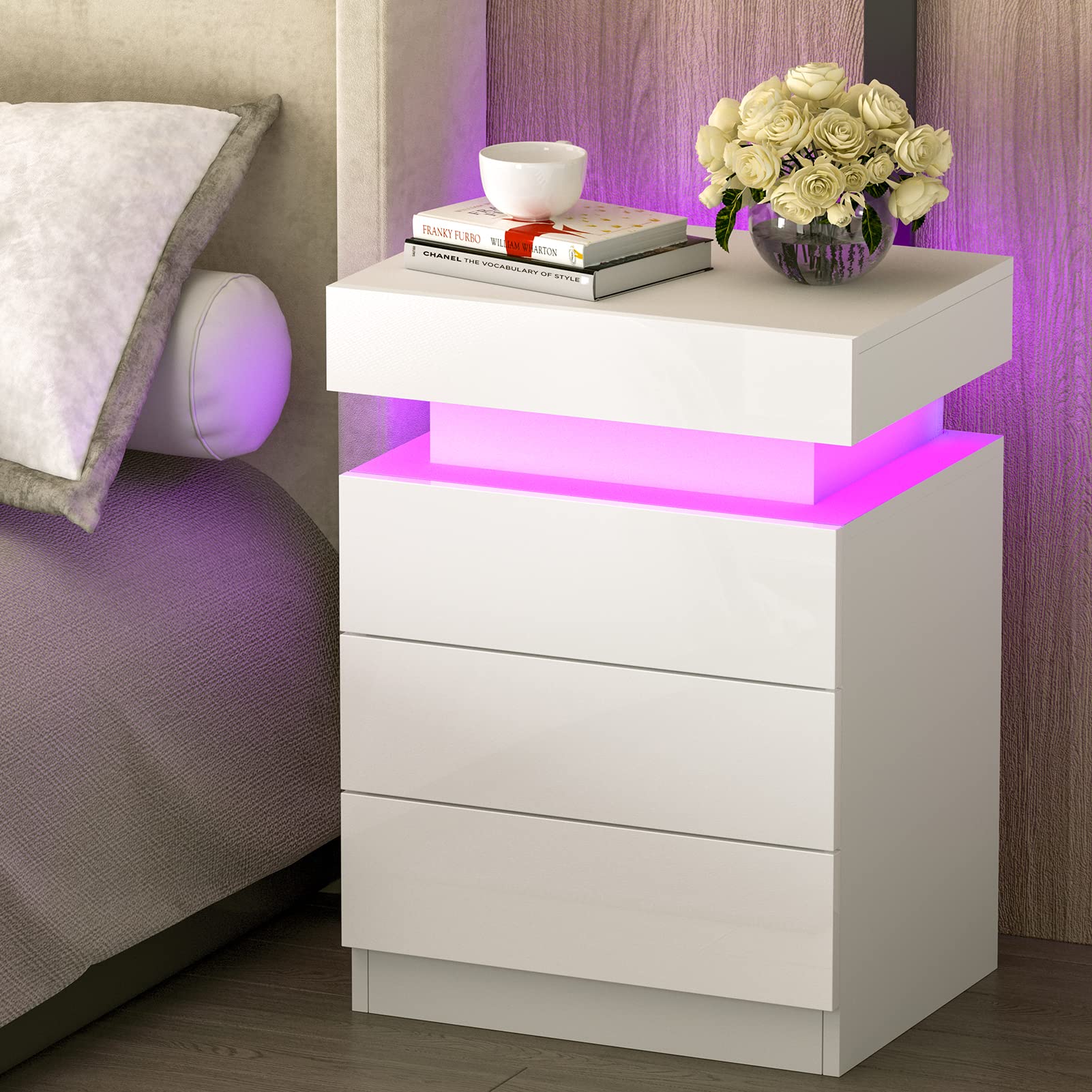 YILQQPER Nightstand with LED Lights, 3 Drawers and 1 Flapping Top Storage Box, White Night Stand for Bedroom, Modern Tall Bedside Table with High Gloss Panel, Glacier White