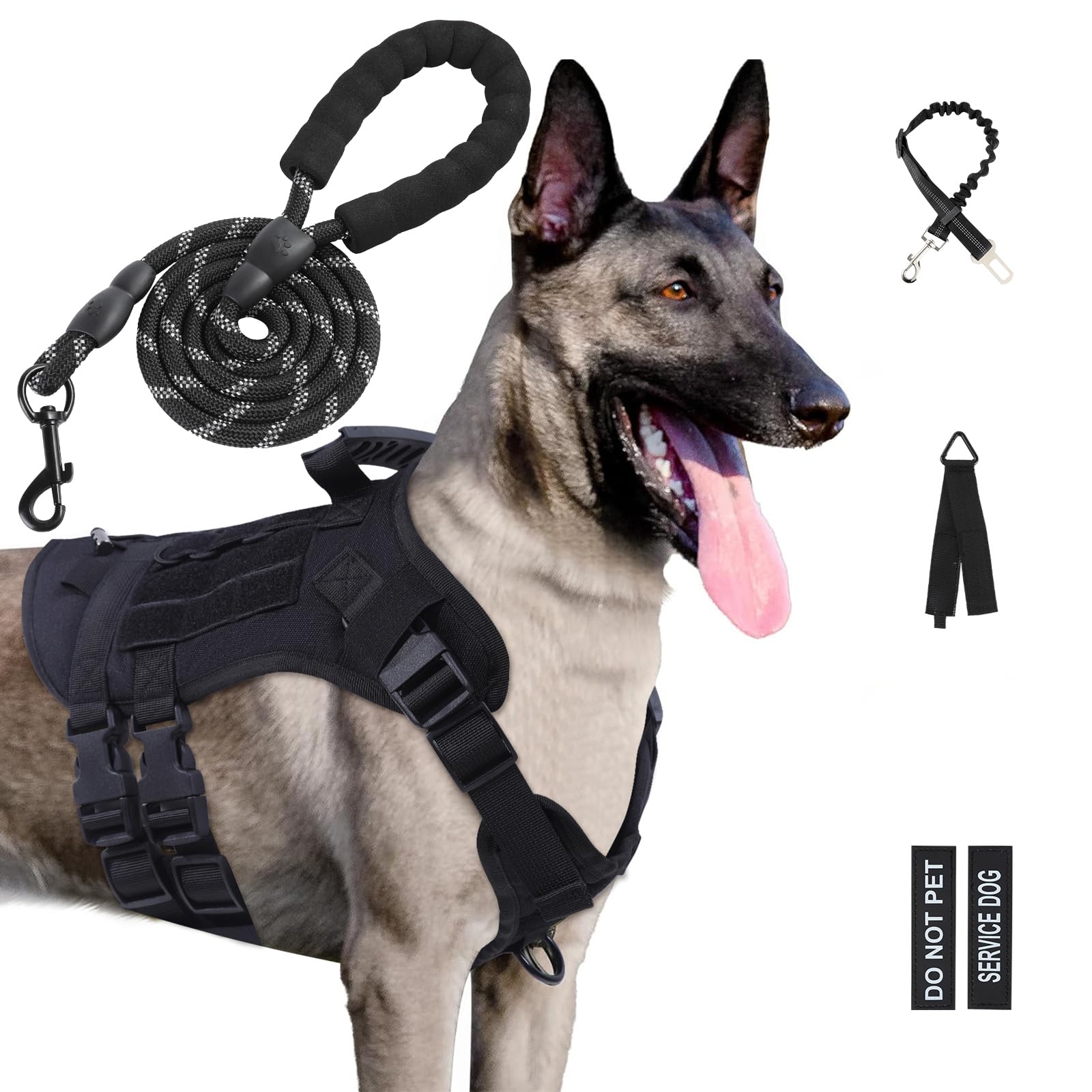 Yungaspy No Pull Tactical Dog Harness for Large Dogs, Escape Proof Molle Dog Vest Harness and Leash Set, Adjustable Military Service Dog Harness with Handle for Medium Large Dogs (Black, Medium)