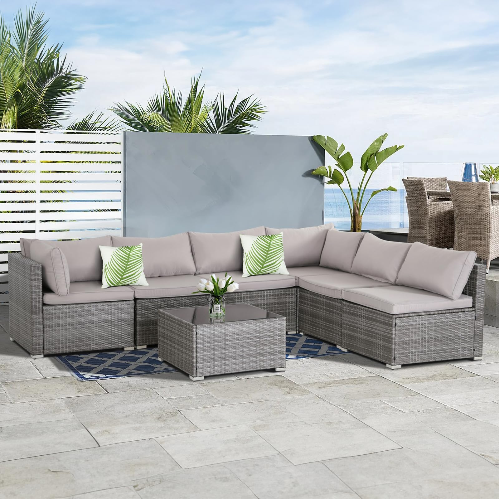 Seogwisam 7 Pieces Patio Furniture Set,Wicker Outdoor Conversation Set,Rattan Sectional Sofa Set w/Washable Cushions & Glass Coffee Table for Porch Poolside Backyard-Gray/Gray