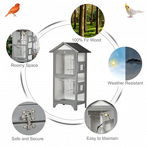 PawHut 60" Wooden Outdoor Bird Cage for Finches, Parakeet, Large Bird Cage with Removable Bottom Tray 4 Perch, Light Gray