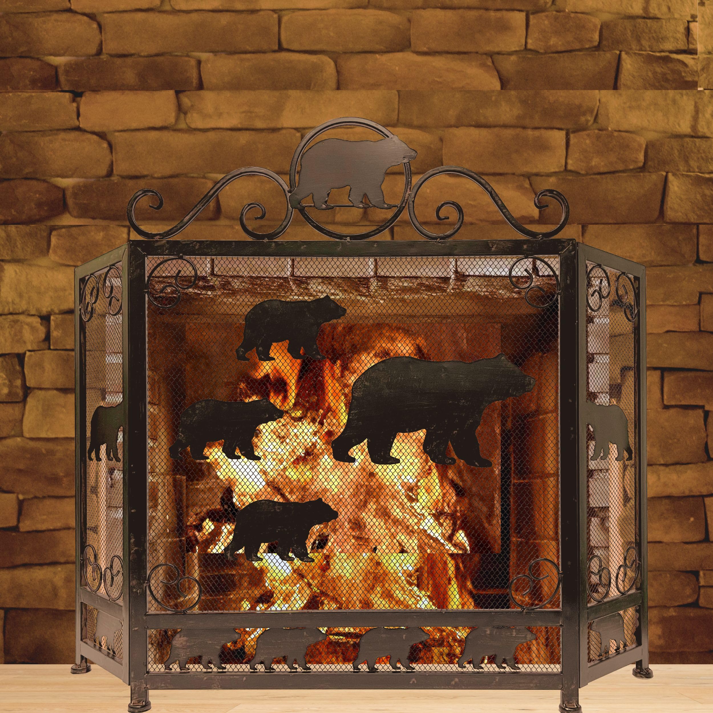 BestGiftEver 3-Panel Fireplace Screen Decorative with Sloth of Bears Design - Stand Alone Fireplace Cover Metal Mesh Screen - Home Decorative Firescreen for Cabin, Wildlife, and Woodland Theme