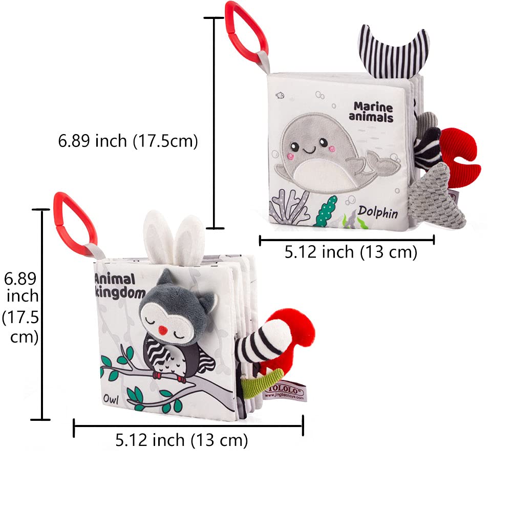 D-KINGCHY Baby Cloth Book Toy, Black and White Crinkle Tails Cloth Activity Books, Interactive Hanging Stroller Books for Newborn Infant, Early Development Toys with Sound for 0-2 Years Old