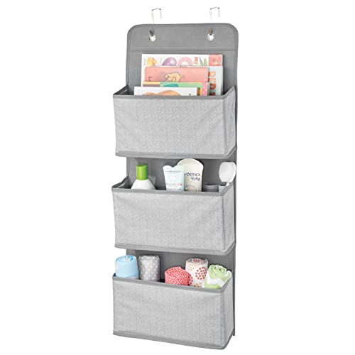 mDesign Fabric Baby Nursery Hanging Organizers for Over The Door Storage for Kids - 3 Pocket Organizer Caddy with Hooks for Clothing, School, Diaper, Toy, and Outfit Storage - Gray Herringbone