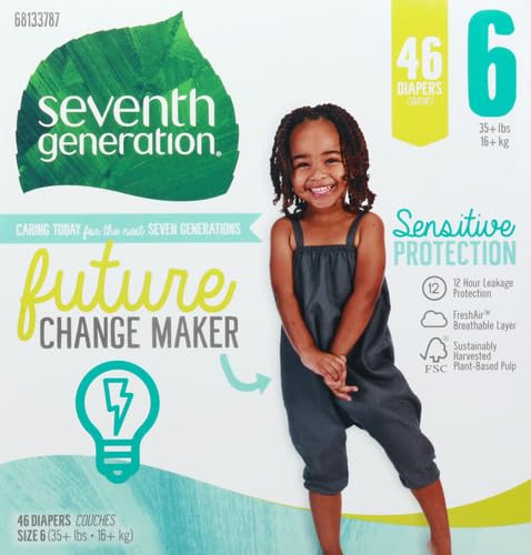 Seventh Generation Baby Diapers, Size 6, 46 Count, Super Pack, for Sensitive Skin