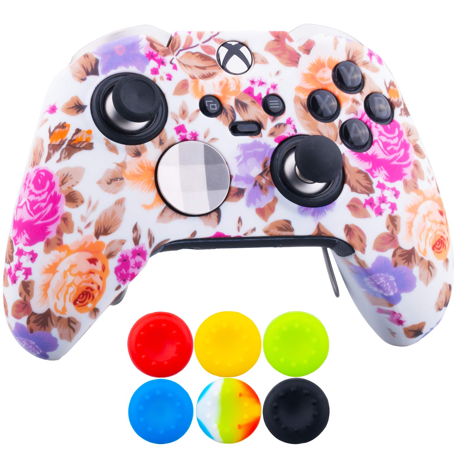 9CDeer 1 x Protective Customize Transfer Print Silicone Cover Skin Pink Flowers + 6 Thumb Grips Analog Caps for Xbox Elite Wireless Controller Compatible with Official Stereo Headset Adapter