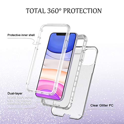 LONTECT for iPhone 11 Case Built-in Screen Protector Glitter Clear Sparkly Bling Rugged Shockproof Hybrid Full Body Protective Case Cover for Apple iPhone 11 6.1 2019, Clear/Silver Glitter