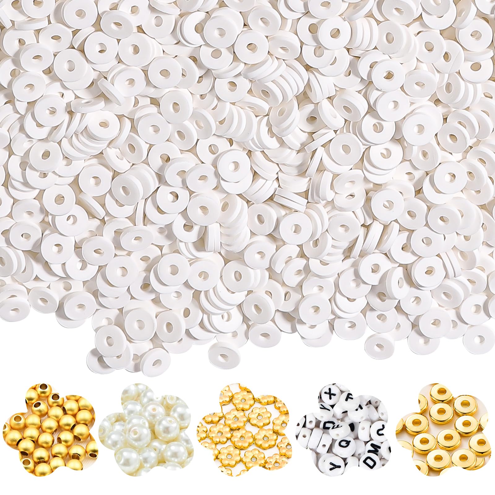 4500pcs White Clay Beads Kit for Bracelet Making Including 6mm Flat Polymer Clay Heishi Beads and Gold Bead Pearls Spacers Letter Beads for Jewelry Necklace Making