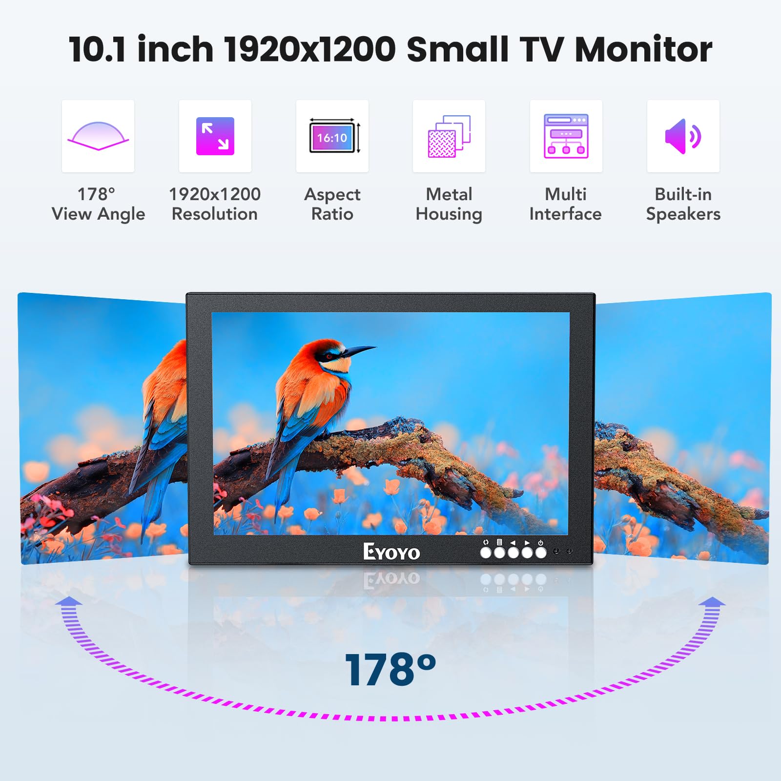 Eyoyo Security Camera Monitor Screen 10.1 Inch Small Computer Monitors 1920x1200 FHD CCTV Monitor with HDMI VGA BNC AV USB Built in Speaker for Home Office